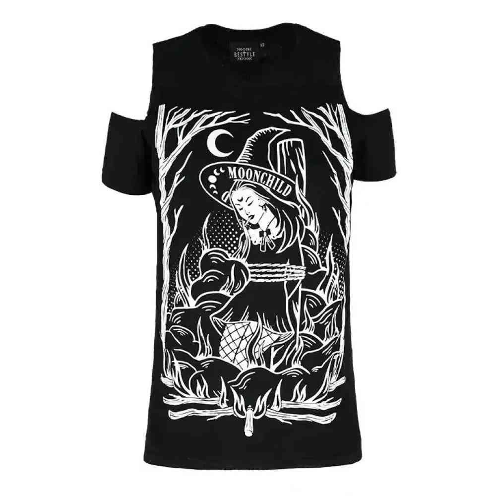 Restyle Restyle - Burn The Witch Cold Shoulder Dames Tshirt - Zwart | A